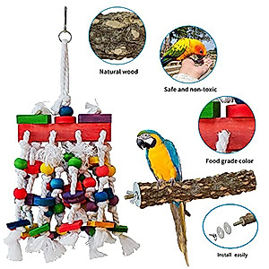 VECELA Parrot Toys, Bird Parrot Toys Set - Parrot Chewing Toys Knots Blocks, Parrot Mirror, Bird Perches - Bird Cage Toys for Budgies, Parakeets, Cockatiels, Conures, Lovebirds, Small or Medium Birds