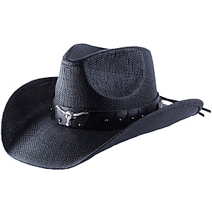 Western Outback Cowboy Hat Men's Women's Style Straw Felt Canvas (Black Bull)