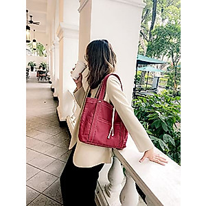 Jeelow 16 oz Washed Canvas Tote Shoulder Bags Purse Handbag For Men & Women Double Handles (Red)