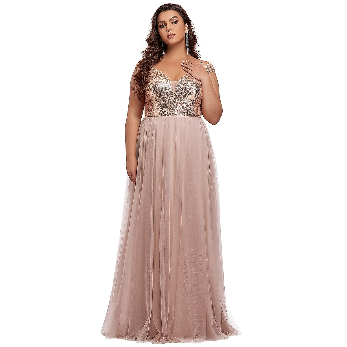 Ever-Pretty Women's Cap Sleeve Sequin Plus Size A-line Tulle Wedding Party Dress Long Rose Gold US24