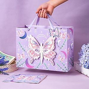 WRAPAHOLIC 13" Large Gift Bag with Card and Tissue Paper - Purple Butterfly Design for Birthday, Mother's day, Baby Shower, Party