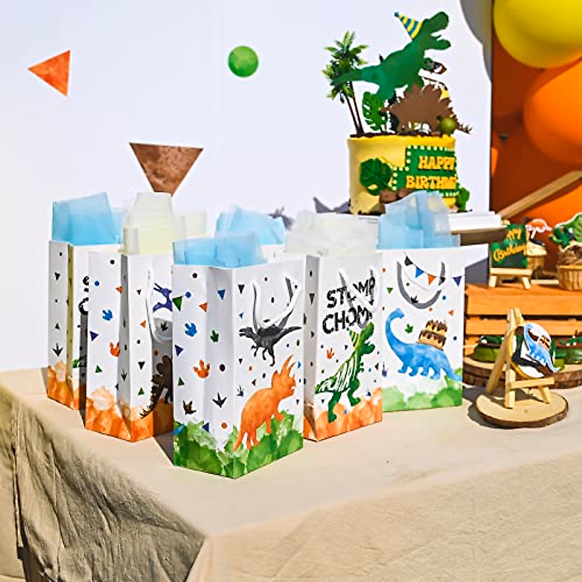 WERNNSAI Watercolor Dinosaur Party Bags - 16 Pack Dinosaur Party Favor Bags for Boys Kids Dino Theme Party Supplies Candy Treat Goodies Gift Bags with Handle