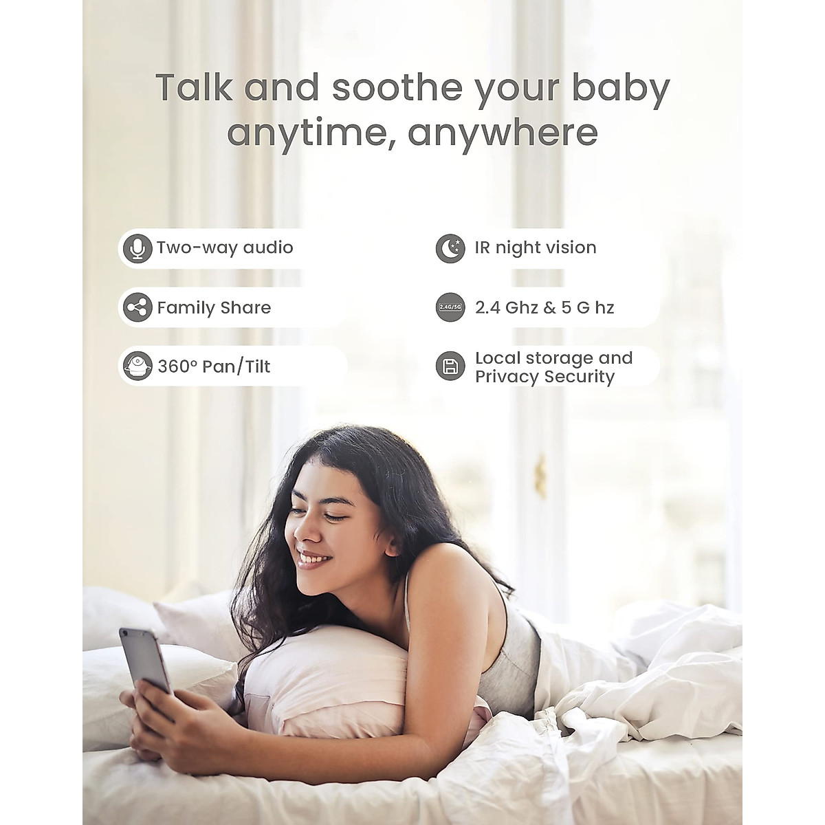 Simshine Smart Baby Monitor WiFi Smartphone AI Cry Soothing Lullaby, Sleep Breathing Analysis, 2K UHD Video Camera, 2-Way Talk, Night Vision, Virtual Fence