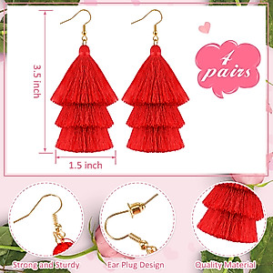 4 Pairs 3 Layers Tassel Earrings Red Earrings for Women Charm Crystal Silk Tassel Bohemian Dangle Birthday Christmas Wedding Daily