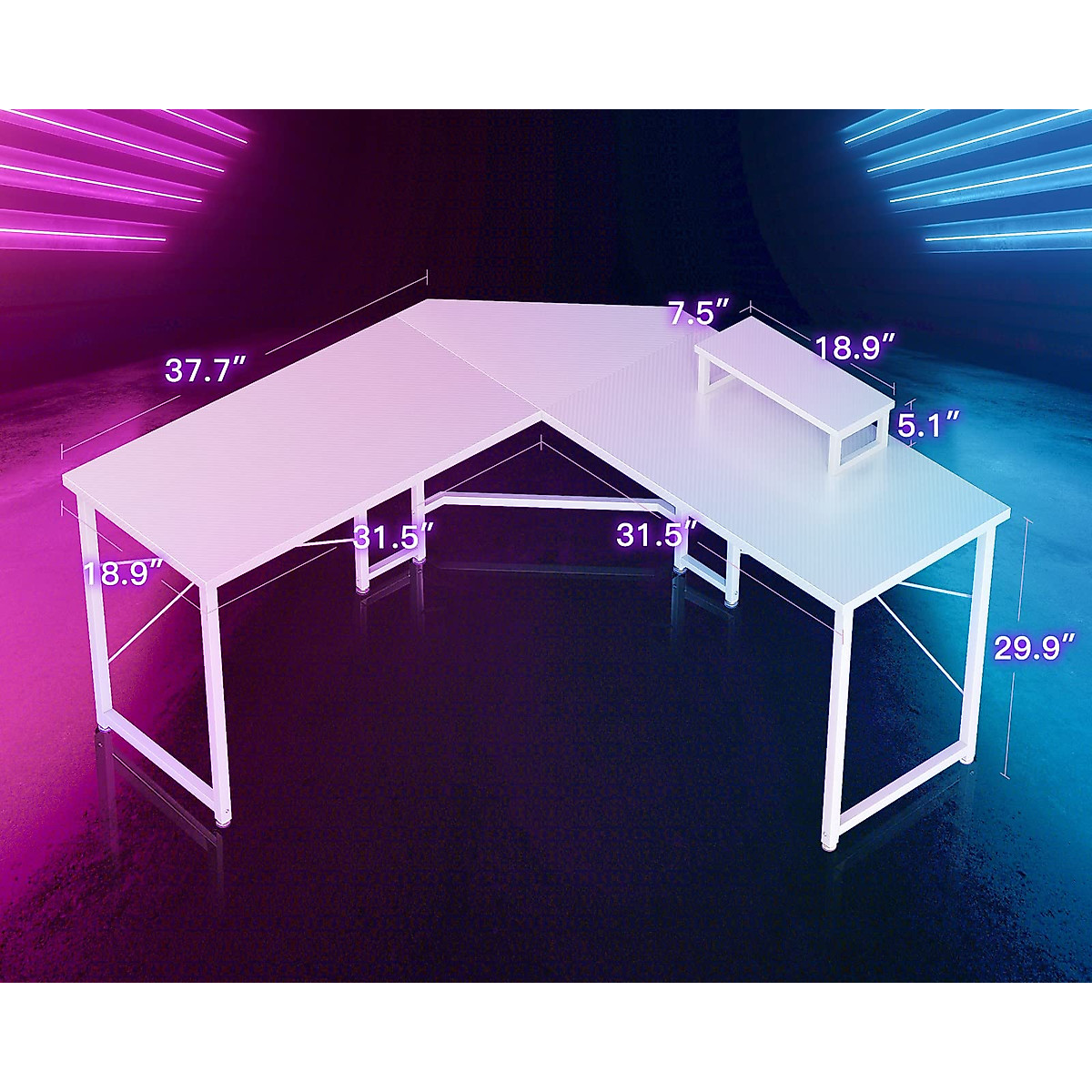 ODK L Shaped Gaming Desk, 51 Inch Computer Desk with Monitor Stand, PC Gaming Desk, Corner Desk Table for Home Office Sturdy Writing Workstation, Carbon Fiber Surface, White