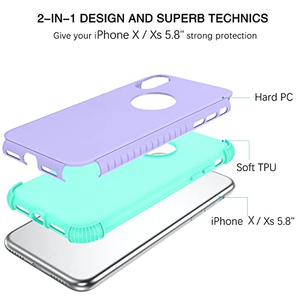 BENTOBEN iPhone X Case, iPhone Xs Case, 2 in 1 Slim Full Body Rugged Shockproof Hybrid Hard PC Bumper Drop Protective Girls Women Boy Men Covers for iPhone X/XS 5.8 inch, Purple/Mint