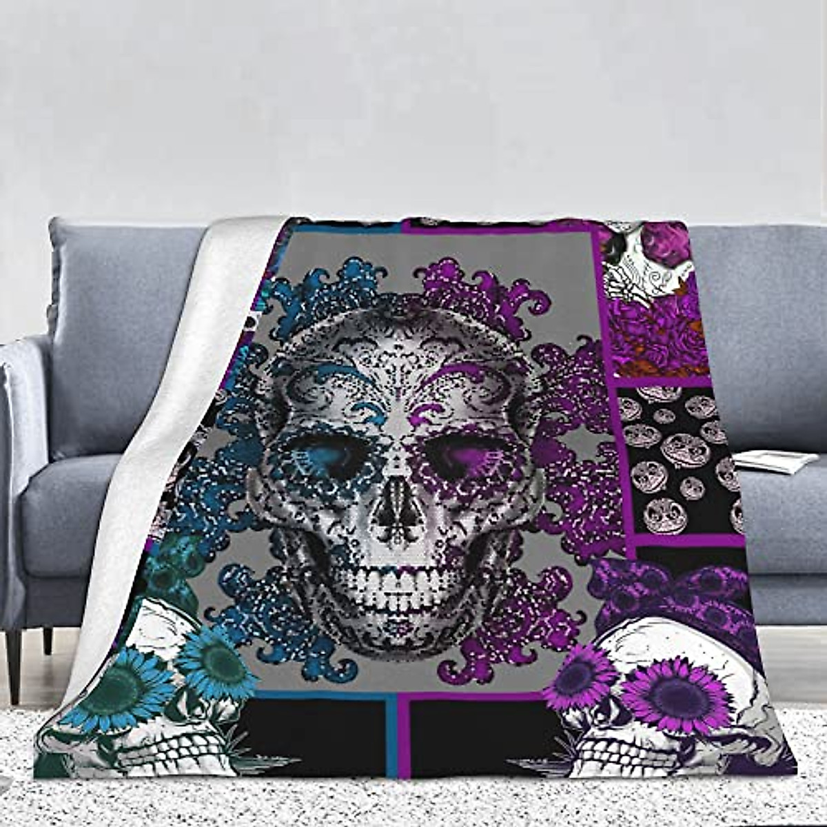 Throw Blanket for Women Men Purple Sugar Skull Warm Soft Sherpa Fleece Bed Throw Tapestry Blanket Gift for Christma 80"x60" Travel Blanket Cover Bedroom Decor Blankets Quilt