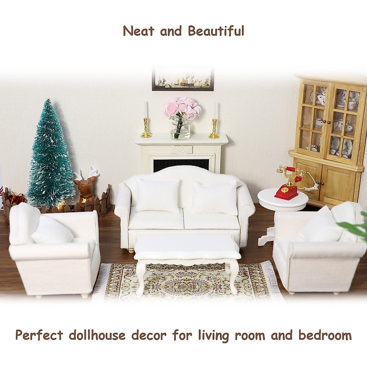 Dollhouse Couch Miniature Furniture Sofa with Pillows for Living Room Desktop Decoration Fabric Sofa Mini Home Scene Accessories Ornament (Double Sofa, White)