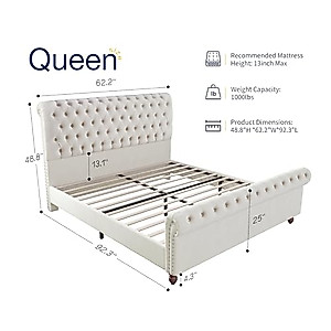 Jocisland Queen Size Bed Frame, Velvet Upholstered Platform Sleigh Bed with Scroll Headboard & Footboard, Button Tufted, No Box Spring Needed, Beige