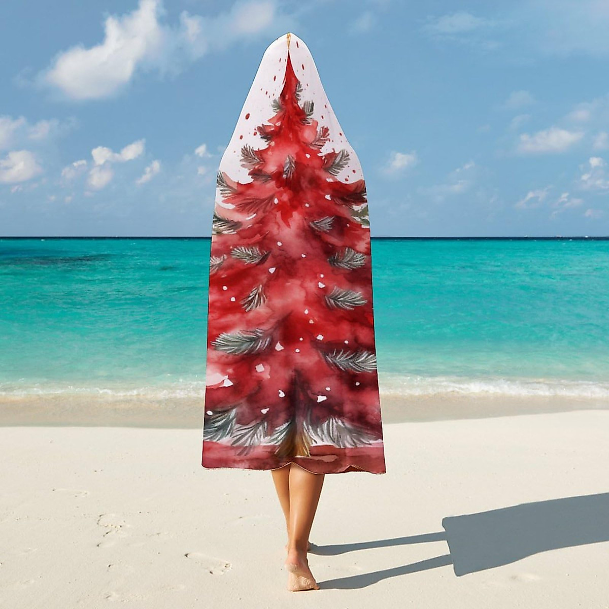 Soft Cozy Blanket Red Watercolor Christmas TreeWearable Blanket-Super Soft Plush Warm Blanket Throw BlanketsXmas Tree Blanket Hoodie for Women Men for Couch Bed 40"x50" Spring Summer Blanket Hoodie