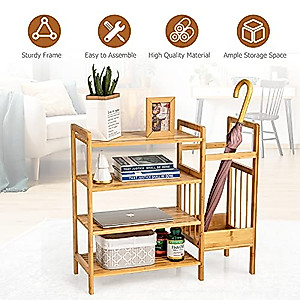 Giantex 4-Tier Bamboo Shoe Rack, Multifunctional Storage Stand, Entryway Organizer w/ Umbrella Holder & Storage Shelves, Ample Storage Space, Freestanding Shoe Shelf for Living Room, Hallway