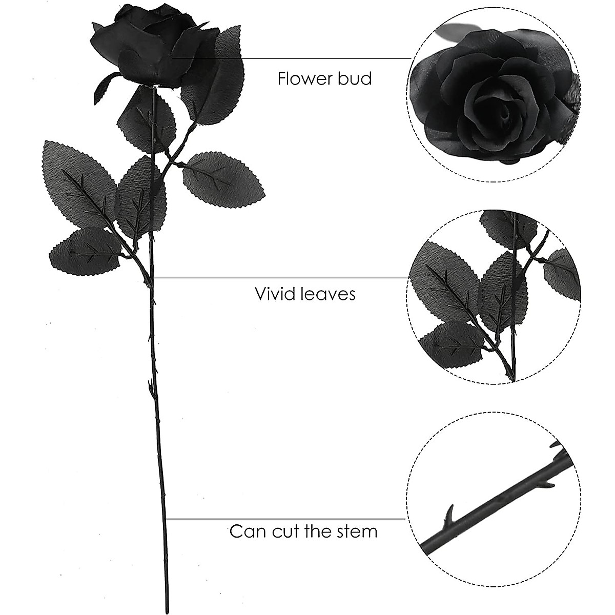 TUZAZO 10pcs Black Roses Artificial Flowers with Stems, Faux Silk Flowers Bridal Gothic Wedding Bouquet, Realistic Blossom Flora for Home, Office, Hotel Decorations