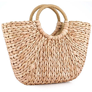 EROUGE Natural Chic Straw Bag Hand Woven Round Handle Handbags Retro Summer Beach Bag Beach Bag(Brown)