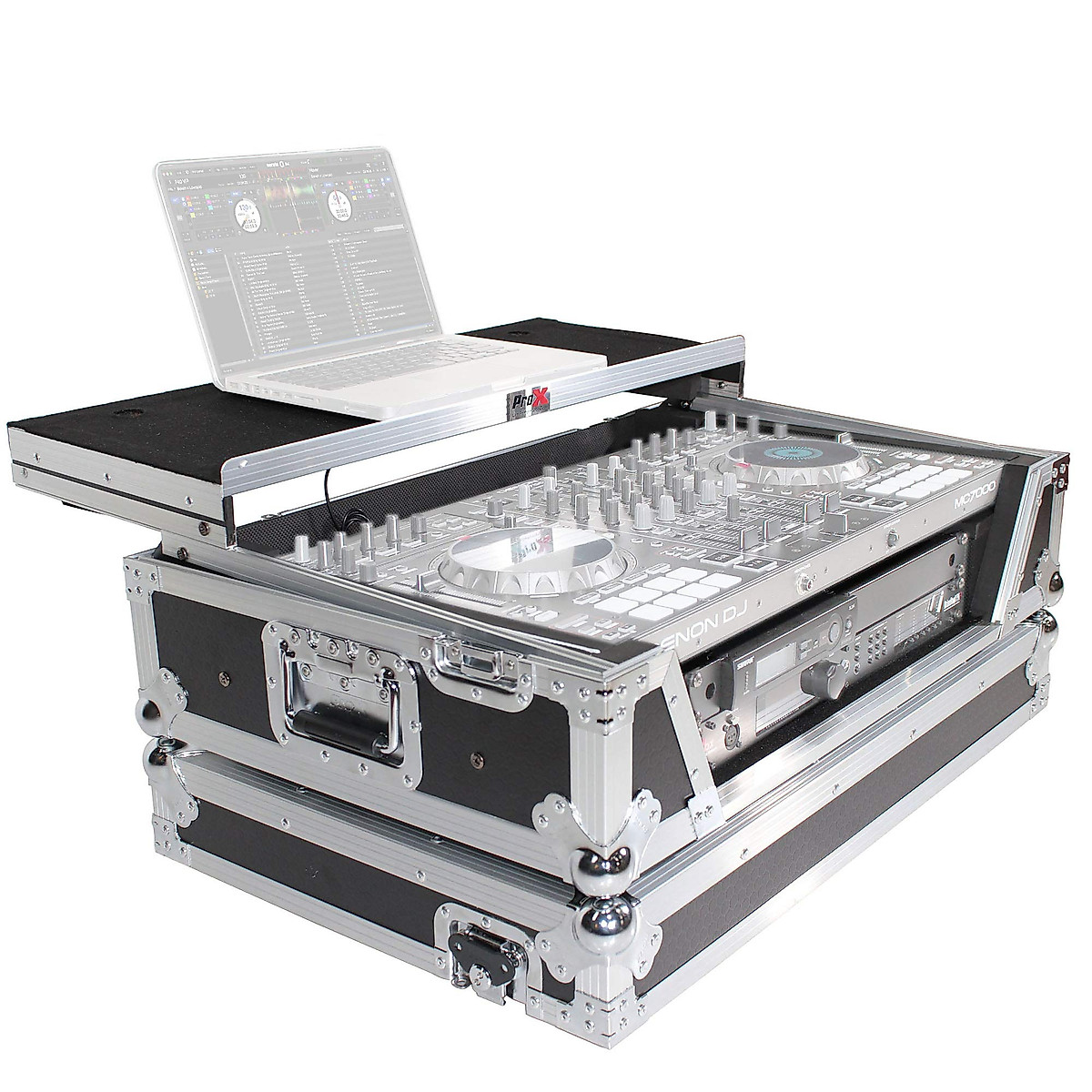 ProX Flight Case for Pioneer DDJSX3 DDJ-1000 SRT Controller with 2U Rack Space, Sliding Laptop Shelf,Wheels and LED Kit-Silver on Black Design - XS-SX1K2UWLTLED