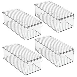 mDesign Slim Plastic Food Storage Container Bin with Lid and Front Handle for Kitchen, Pantry, Cabinet, Fridge and Freezer - Organizer for Snacks, Produce, Vegetables, Pasta, Drinks - 4 Pack, Clear
