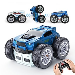 BEZGAR TD201 Remote Control Car-Police&Ambulance Car 2 in 1 Double Sided RC Stunt Car with 360 Flip Spinning Toy Car Vehicle Gifts for Boys Kids