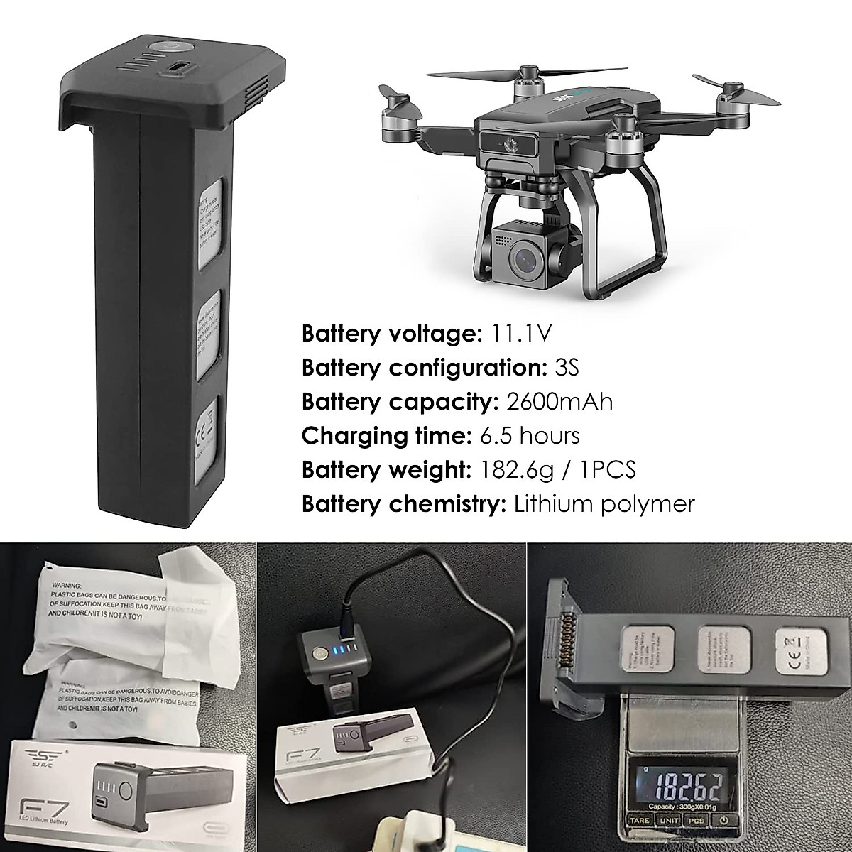 MOONZON 2PCS 3S 11.1V 2600mAh Lithium Battery with 2PCS Charging Cable for SJRC F7 F7pro F7S F7GB2 9800FT RC Aerial Photography Four-axis Aircraft Battery Remote Control Drone Spare Parts