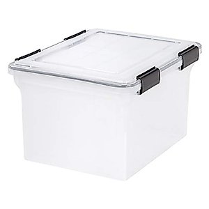 IRIS USA 32 Quart WEATHERPRO Letter Size Portable File Box, Plastic Storage Container with Durable Lid and Seal and Secure Latching Buckles, Weathertight, Clear with Black Buckles, 4 Pack