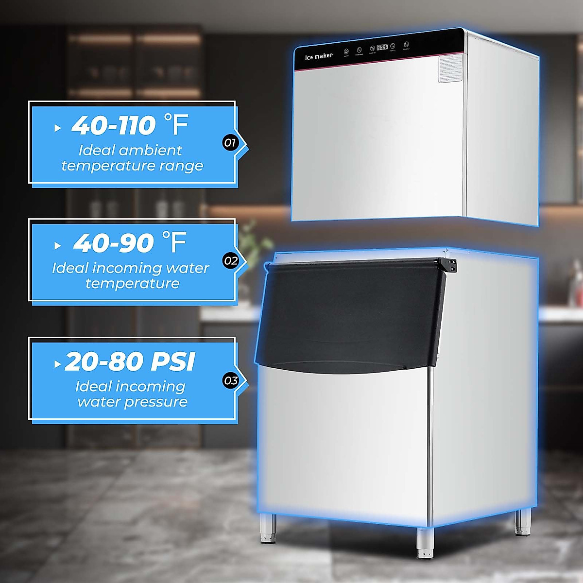 GarveeTech Commercial Ice Maker Machine, 550lbs/24hrs, 330lbs Stainless Steel Storage Bin, Self-Cleaning Feature with LCD Panel, Freestanding Under Counter Ice Maker for Restaurants, Bars, Cafes