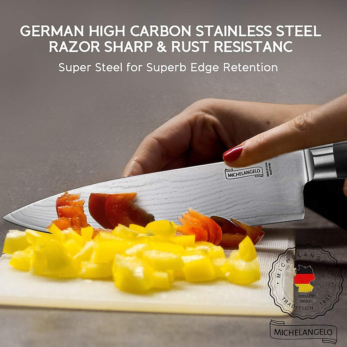 MICHELANGELO Professional Chef Knife 8 Inch Pro, German High Carbon Stainless Steel with Ergonomic Handle, Japanese Knife, for Kitchen - Inch, Etched Damascus Pattern