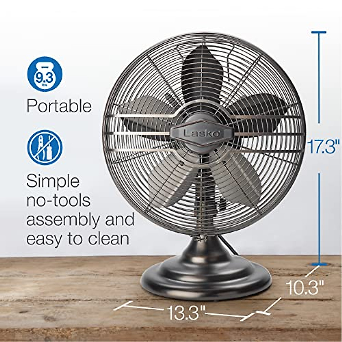Lasko Oscillating Table Top Fan, Portable, 3 Quiet Speeds, for Bedroom, Kitchen and Office, 17", Bronze, R12210
