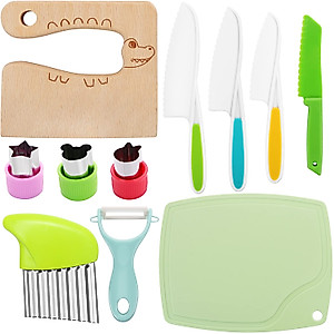 MIKIMIQI 11 PCS Kids Kitchen Knife Set, Wooden Kids Knife Safe Knives for Real Cooking Serrated Edges Children Cooking Utensils Tools Plastic Knife for Toddlers with Potato Slicers Cutting Board