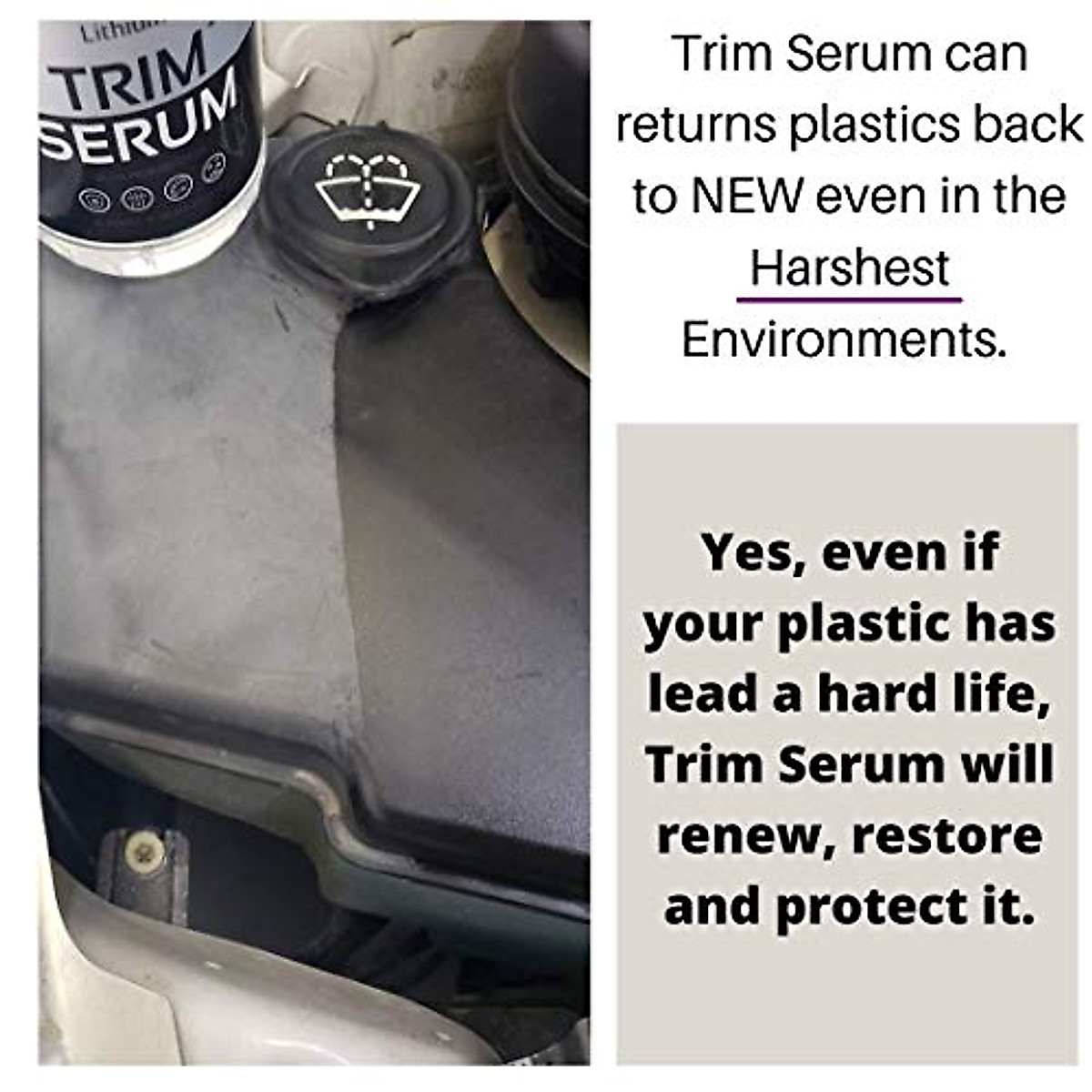 Trim Serum- Plastic Restorer- Restores Even the Most Damaged Plastic, Rubber and Vinyl, Last For Months, Penetrates Plastic Pores Restoring Color. (16oz).