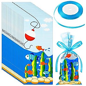 100 Pieces Fishing Party Cellophane Bags Fish Hook Seaweed Treat Bags with a Roll of Blue Ribbon for Candy Chocolate Snacks Cookies Fishing Party Decoration Supplies