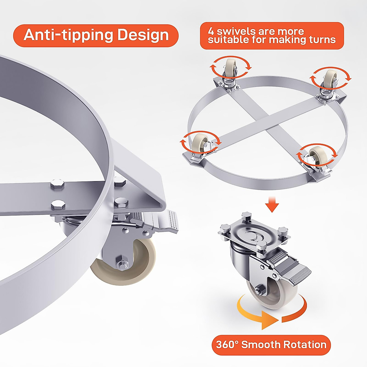55 Gallon Drum Dolly,Heavy Duty 1000lbs Load Capacity, Barrel Dolly Cart Drum Caddy, Non Tipping Hand Truck Dollies with Steel Frame 4 Swivel Casters Wheel, for Warehouse Drum Handling (2 pcs)