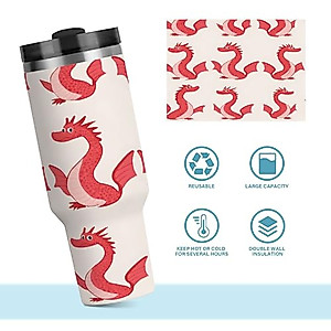 Flradish 30oz Tumbler with Handle, Red Dragon Pattern Stainless Steel Tumbler with Lid and Straws Double Wall Vacuum Insulated Leakproof Coffee Travel Mug