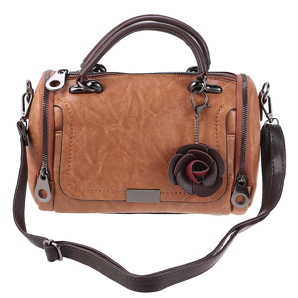 TENDYCOCO Crossbody Bag Barrel Handbag with Flower Pendant for Women (Brown)