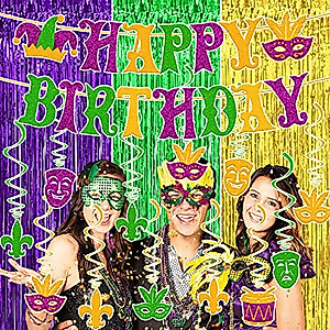 Mardi Gras Birthday Decorations Carnival Happy Bday Banner Green Gold Purple Foil Curtains Backdrop Hanging Swirls Decor Fat Tuesday New Orleans Masquerade fleur de lis Theme Festival Party Supplies