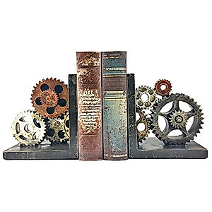 Bellaa 20881 Decorative Bookends Gear Book Shelves Stoppers Holder Nonskid Shelf Heavy Ends Supports Vintage Industrial Modern Art Home Decor Statues Sculptures 6 inch