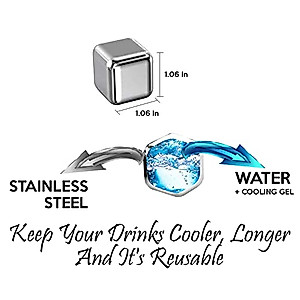 Set of 8 Whiskey Stones, Reusable Ice Cubes, Beverage Chilling Rocks, Premium Stainless Steel Gifts For Men, Dad, Christmas, Includes Storage Tray and Silicone Tip Tongs.