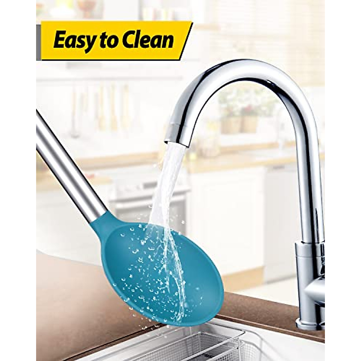 Pack of 2 Large Silicone Cooking Spoon Non Stick Solid Basting Spoons Heat-Resistant Kitchen Utensils for Mixing Serving (Gray-Blue)