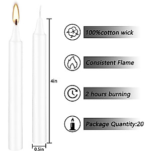 4 Inch White Taper Candle for Home Decor，20 Pack Unscented, Smokeless & Dripless Candle Stick, 1.5 Hour Burning Time for Party, Wedding, Dinner and More