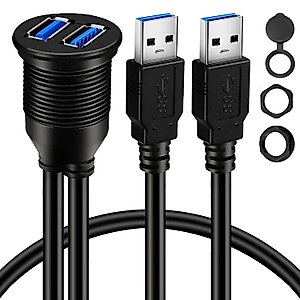 BATIGE 2 Ports Dual USB 3.0 Male to USB 3.0 Female AUX Flush Mount Car Mount Extension Cable for Car Truck Boat Motorcycle Dashboard Panel 1ft