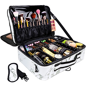 gzcz Large Travel Makeup Bag PU Leather Cosmetic Case Organizer 16" Professional Makeup Train Case with Adjustable Dividers and Shoulder Strap for Makeup Brushes Toiletry Jewelry Digital Accessories