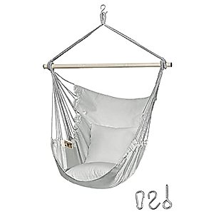 Jelofly Hammock Chair Oversized Hanging Rope Swing Seat Chair with Pocket Max 350 Lbs Superior Comfortable for Indoor Outdoor Home Bedroom Garden, Seat Cushions Not Included (Light Grey)