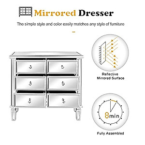 VINGLI Mirrored Dresser for Bedroom with 6 Storage Drawer Modern Chest of Drawers, Silver, 32”L x 12”W x 28”H