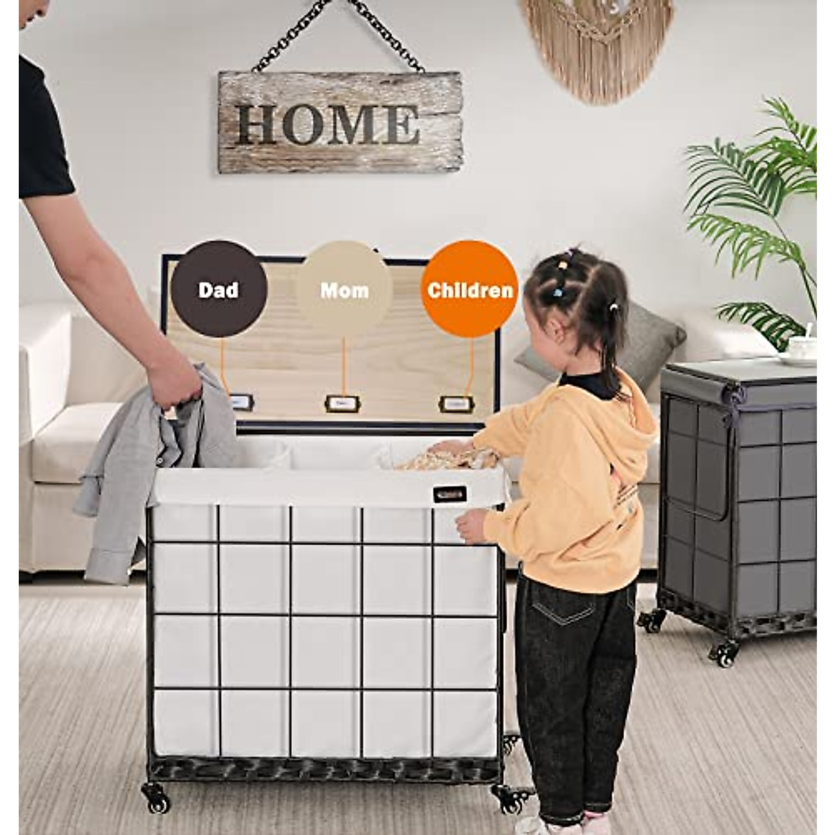 Laundry Hamper with Heavy Duty Caster Wheels; 3 Sections Clothes Hamper with Lid; 132L Laundry Basket with Removable Liner Bag; Laundry Sorter with Metal Handle (White)