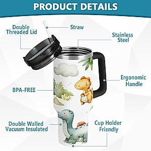 FRCSDIY Cartoon Dinosaur Insulated Tumbler with Handle and Straw Lid,30oz Leakproof Stainless Steel Cup BPA-Free Water Bottle