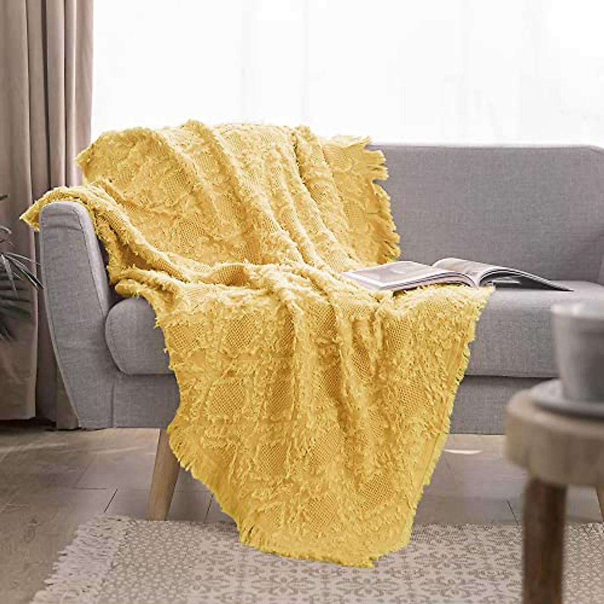 Simple&Opulence 100% Cotton Throw Blanket for Bed, Couch, Boho Textured Geometric Knit Woven Blanket with Tassels Soft, Lightweight Breathable Shabby Chic Farmhouse Decoration for All-Season(Yellow)