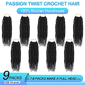 Passion Twist Crochet Hair,12 Inch 9 Packs Pretwisted Passion Twist Hair, Soft Pre Looped And Pre twist Crochet Hair For Women，Short Black Curly Crochet Braids(12",1B#)