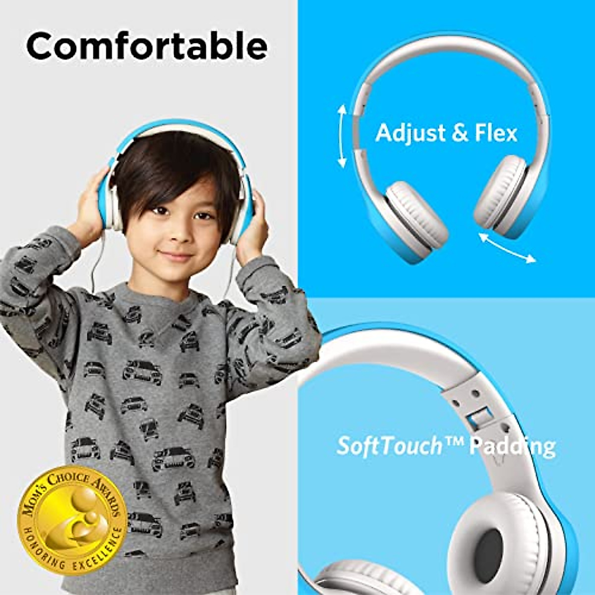 LilGadgets Connect+ Kids Headphones Wired with Microphone, Volume Limiting for Safe Listening, Adjustable Headband, Cushioned Earpads for Comfort, Toddler Headphones, Blue