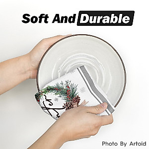 Artoid Mode Elk Trees Pine Cones Holly Berry Hello Winter Kitchen Towels Dish Towels, 18x26 Inch Bowknot Christmas Decoration Hand Towels Set of 4