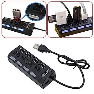 Lysee Data Cables - LED 4 Port USB 2.0 Hub High Speed Power On/Off Button Switch USB Splitter Adapter for Laptop PC Computer Black/White GT - (Color: Black)
