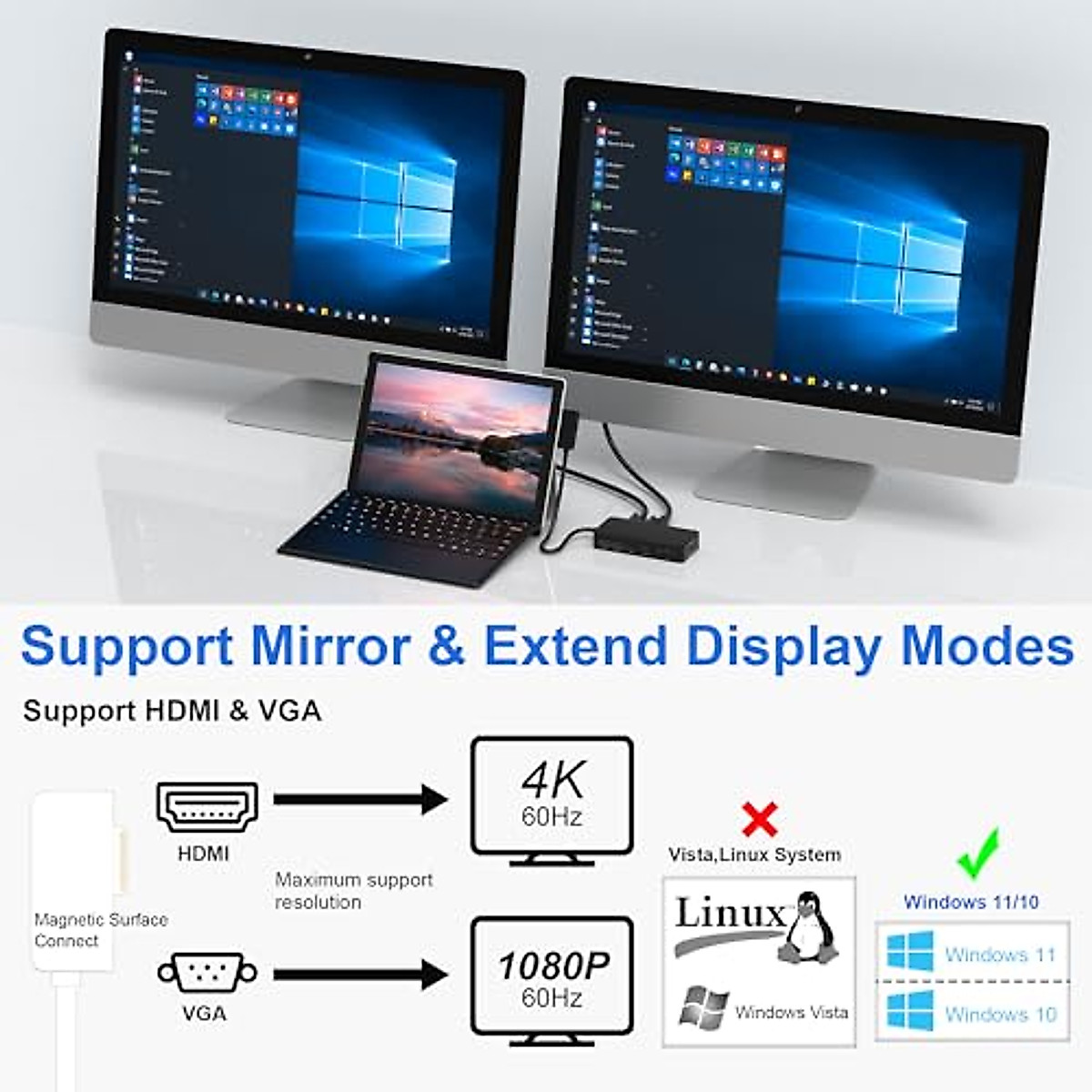 Surface Docking Station, 11-in-1 Triple Display (4K HDMI +VGA) Microsoft Surface Dock with 60W Power for Surface Pro 11/10/9/8/X/7/6/5/4/3, Surface Book 4/3/2, Surface Laptop Go/5/4/3/2/1