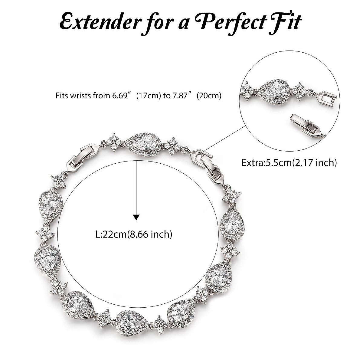 SWEETV Wedding Teardrop Bracelets for Brides Bridesmaids, Crystal Cubic Zirconia Bridal Bracelets for Women Prom, Silver