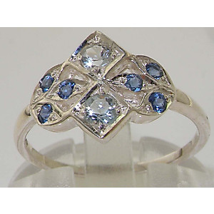 LetsBuyGold 925 Sterling Silver Natural Aquamarine and Sapphire Womens Cluster Ring - Sizes 4 to 12 Available